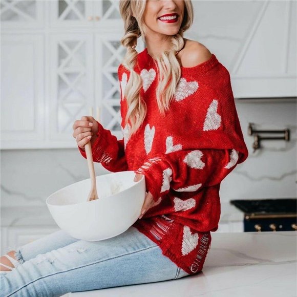 BiBi | Sweaters | Bibi Red Long Sleeve Distressed White Heart Sweater ...